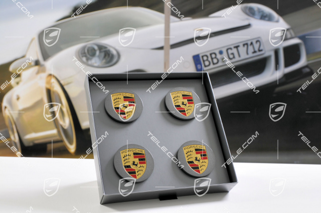 TEILE.COM | Center cap set (4 pcs.) with coloured Porsche crest, for 20 ...